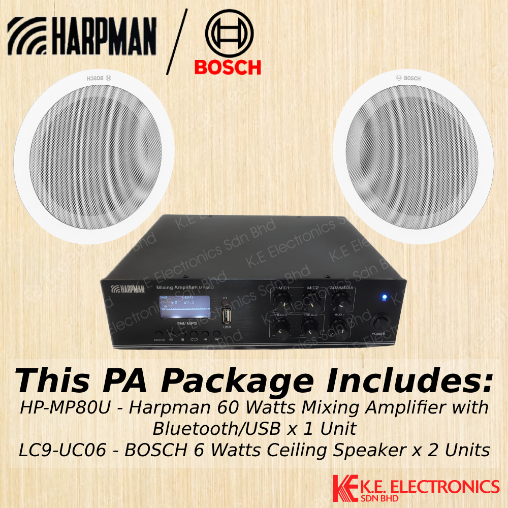 PA Package with Harpman MP80U 60 Watts Mixing Amplifier & Bosch LC9-UC06 6 Watts Ceiling Speaker ...