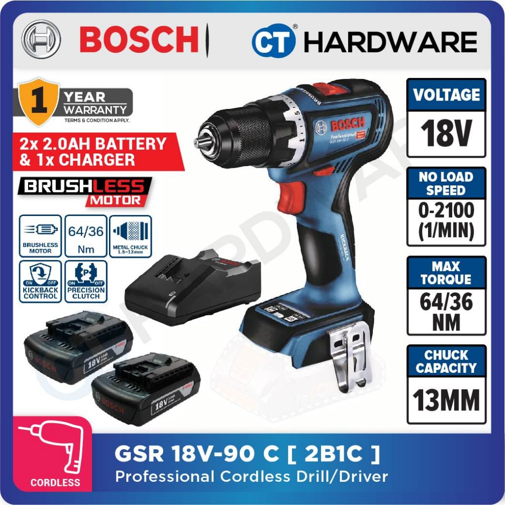 BOSCH GSR 18V-90 C PROFESSIONAL CORDLESS BRUSHLESS DRILL DRIVER 18V ...