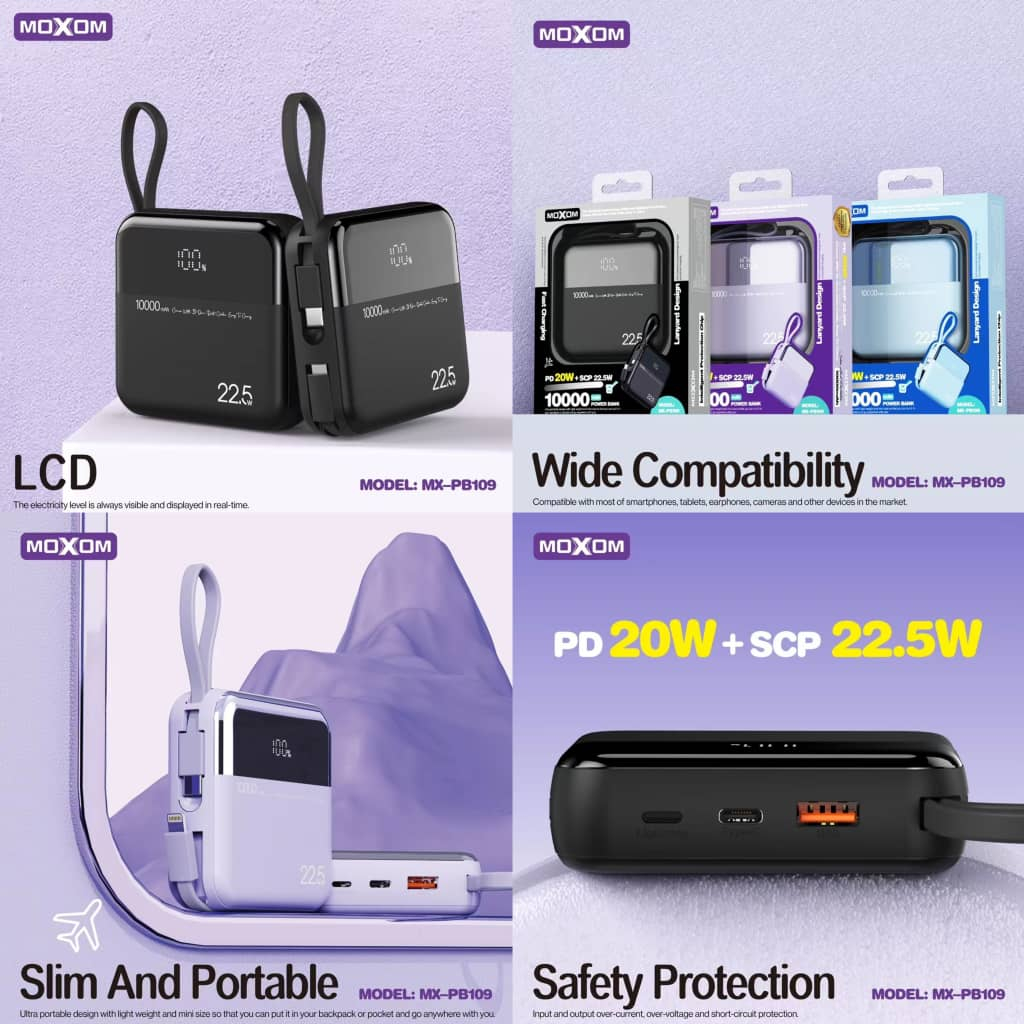 🔥 MOXOM MX-PB109🔥LCD PD20W 4 IN 1 10K POWER BANK 📍 BULIT IN CABLE 📍 10000MAH 📍 20WPD + SCP22.5W ...