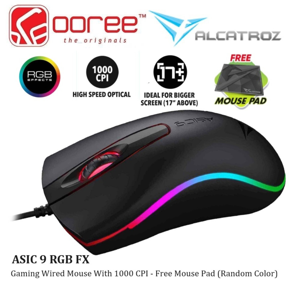 ALCATROZ ASIC 9 RGB FX GAMING WIRED MOUSE 1000 CPI / RGB LIGHT OPTICAL MOUSE - FREE MOUSE PAD ...