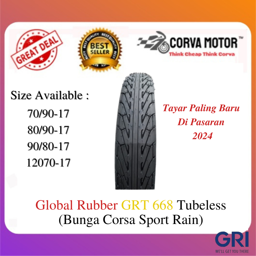 Corva Motor Tayar Motosikal Tubeless Global Rubber GRT 668 70/90-17, 80 ...