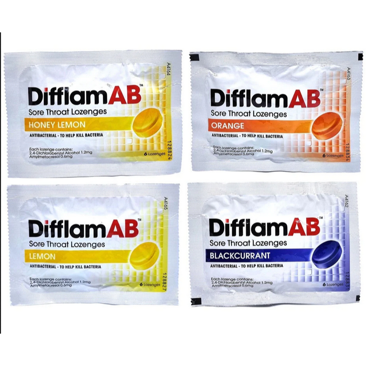 DIFFLAM AB SORE THROAT LOZENGES 6'S (BLACKCURRANT/ORANGE/LEMON/HONEY ...