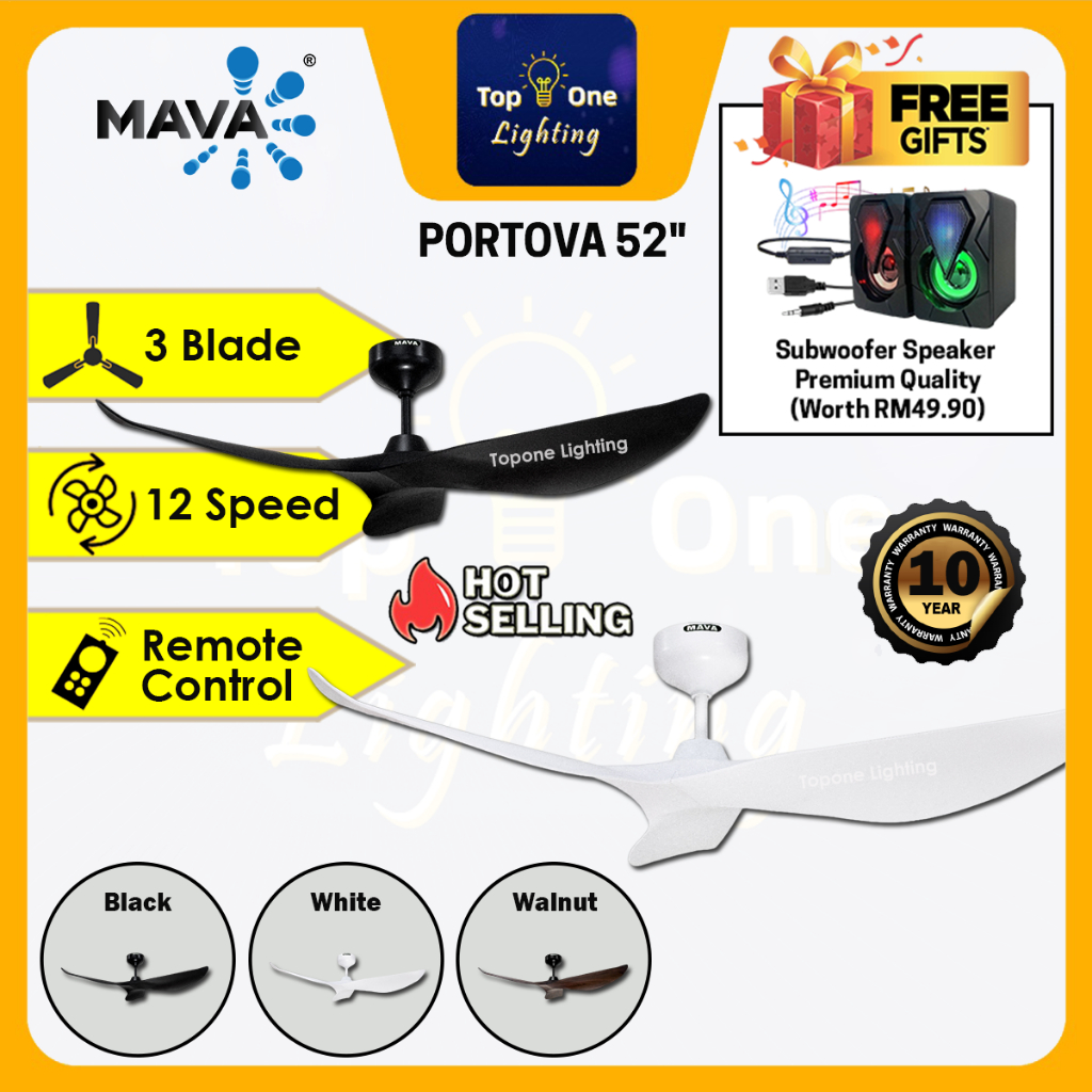 MAVA PORTOVA 52” 3Blade Remote Control Ceiling Fan Kipas Siling DC ...