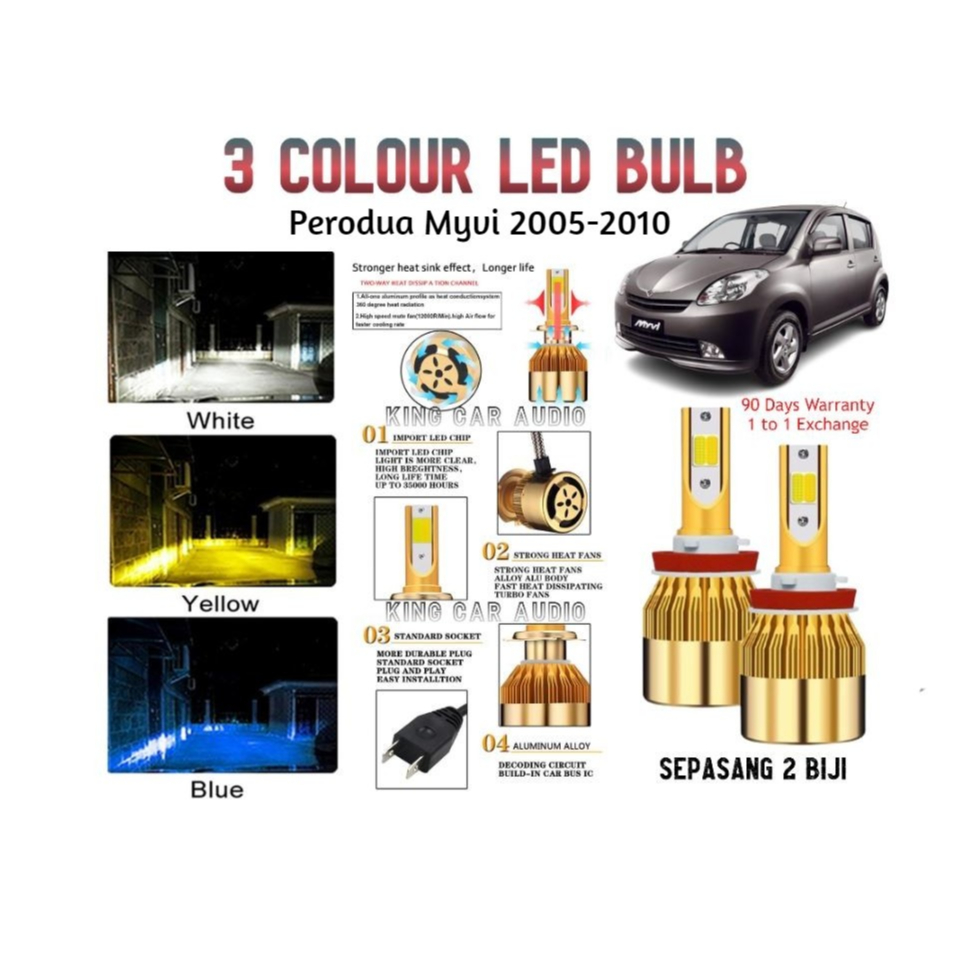 Perodua Myvi 2005-2010 - 3 Colour LED Light Bulb 3000/6000/10000K 2pcs ...