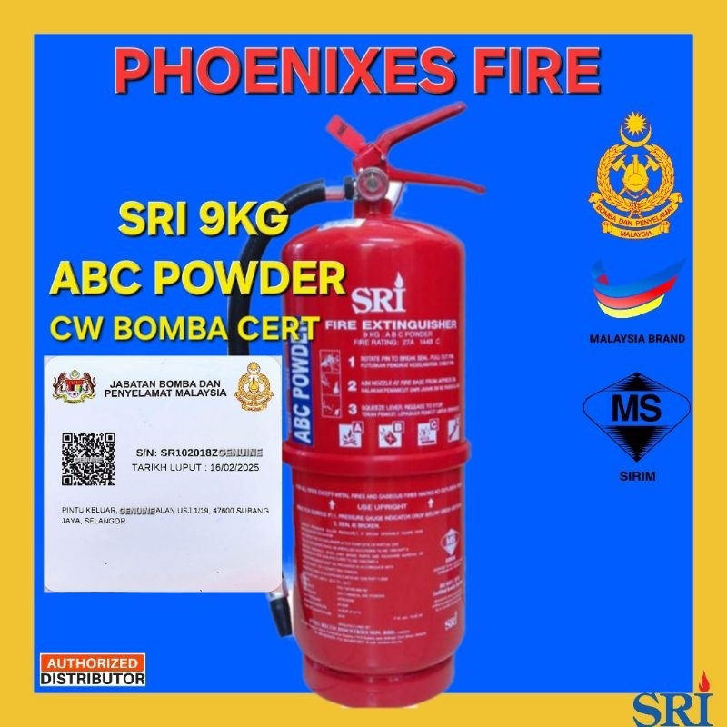 SRi 9kg ABC Powder Fire Extinguisher CW BOMBA CERTIFICATE MS1539 ...