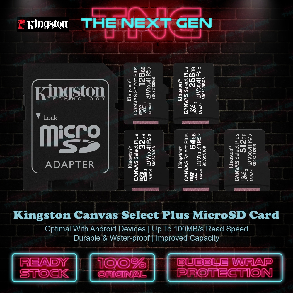 Kingston Canvas Select Plus MicroSD Card 32GB / 64GB / 128GB / 256GB / 512GB (100MB/s, Class 10 ...