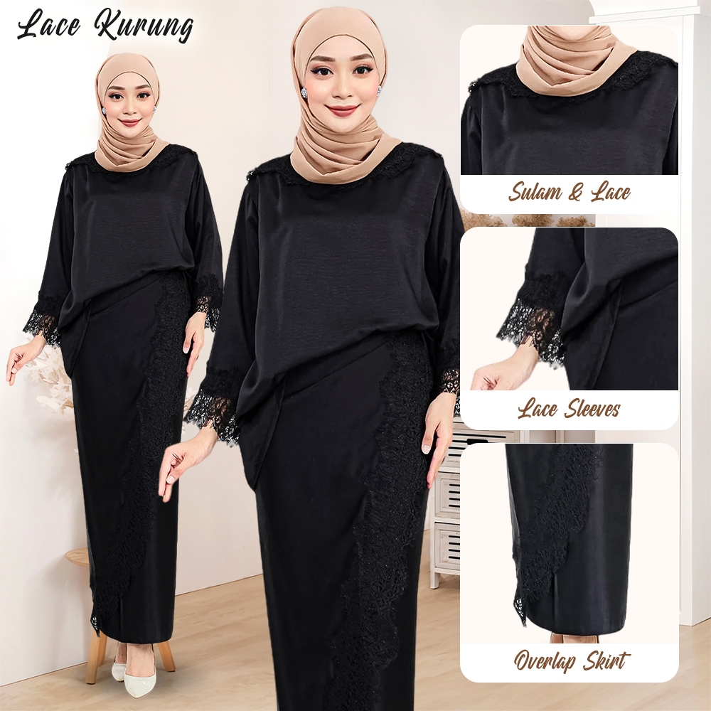 Lace Baju Kurung Moden Hitam Sulam Mini Kurung Satin Sejuk Selesa Overlap Kurung Baju Kebarung ...