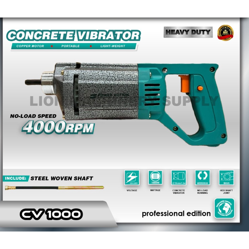 Power Action CV1000 Concrete Vibrator Poker 1000Watt with 35mm x 1 ...