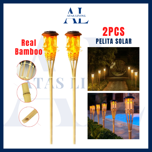 🔷ATAS🔷 2PCS Lampu Pelita Raya LED Solar Bamboo Torch Light Flame Light ...