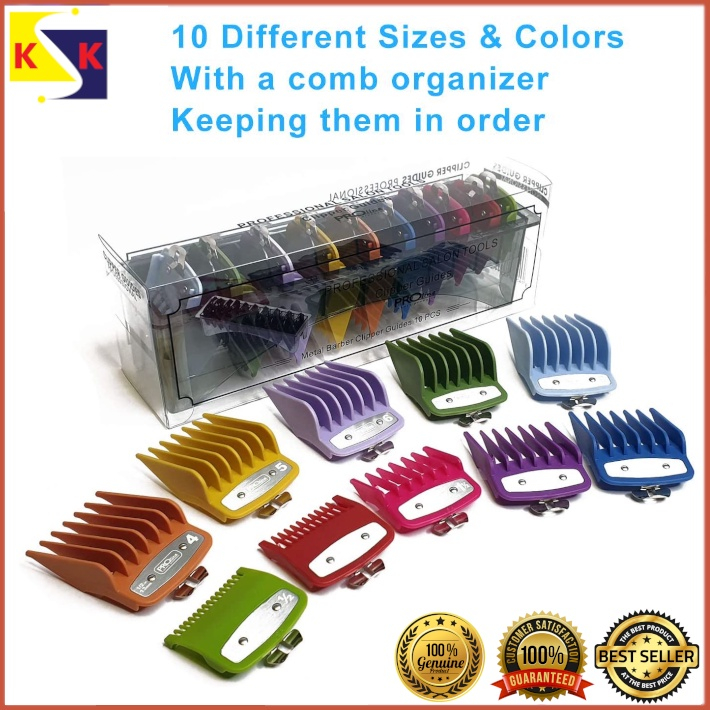 WAHL 10pcs Metal PREMIUM COLOUR GUIDE COMB SET SNAP ON CLIPPER GUARDS COMBS +10 Grid Case Fits ...
