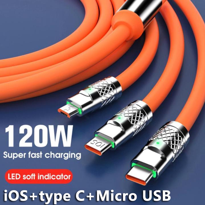 【Fast Charge】3-in-1 Zinc Alloy Charger Cable 120W 6A Super Fast Charger ...