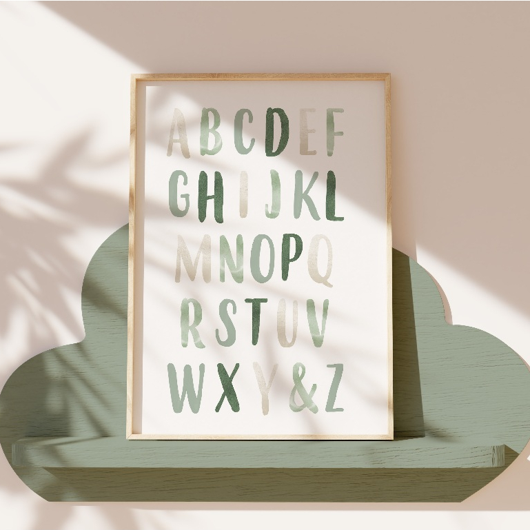 Learning Alphabet ABC Poster with frame in Sage Green theme (Nursery ...