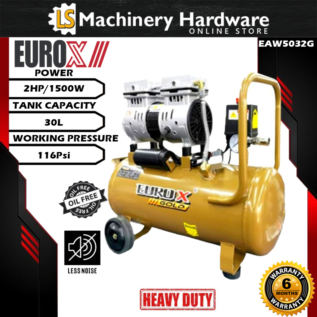 Eurox Gold EAW-5032G 30L 2HP/1500W 2800RPM High Speed Oil-Free Air Compressor - 6 Months ...