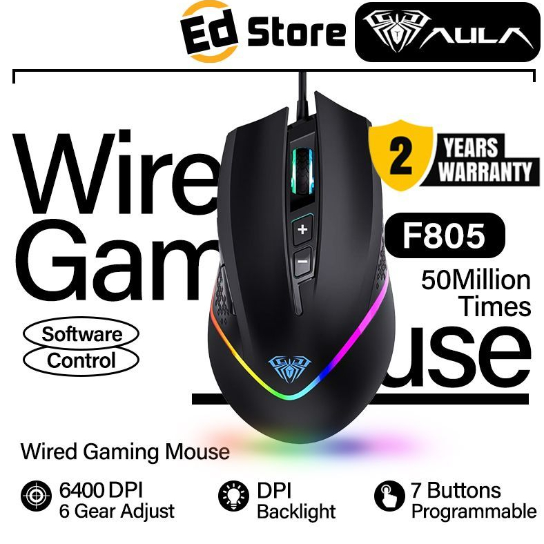 [ READY STOCK ] AULA F805 Gaming Mouse Marco Programmable RGB Colorful Lighting 6 gear DPI ...