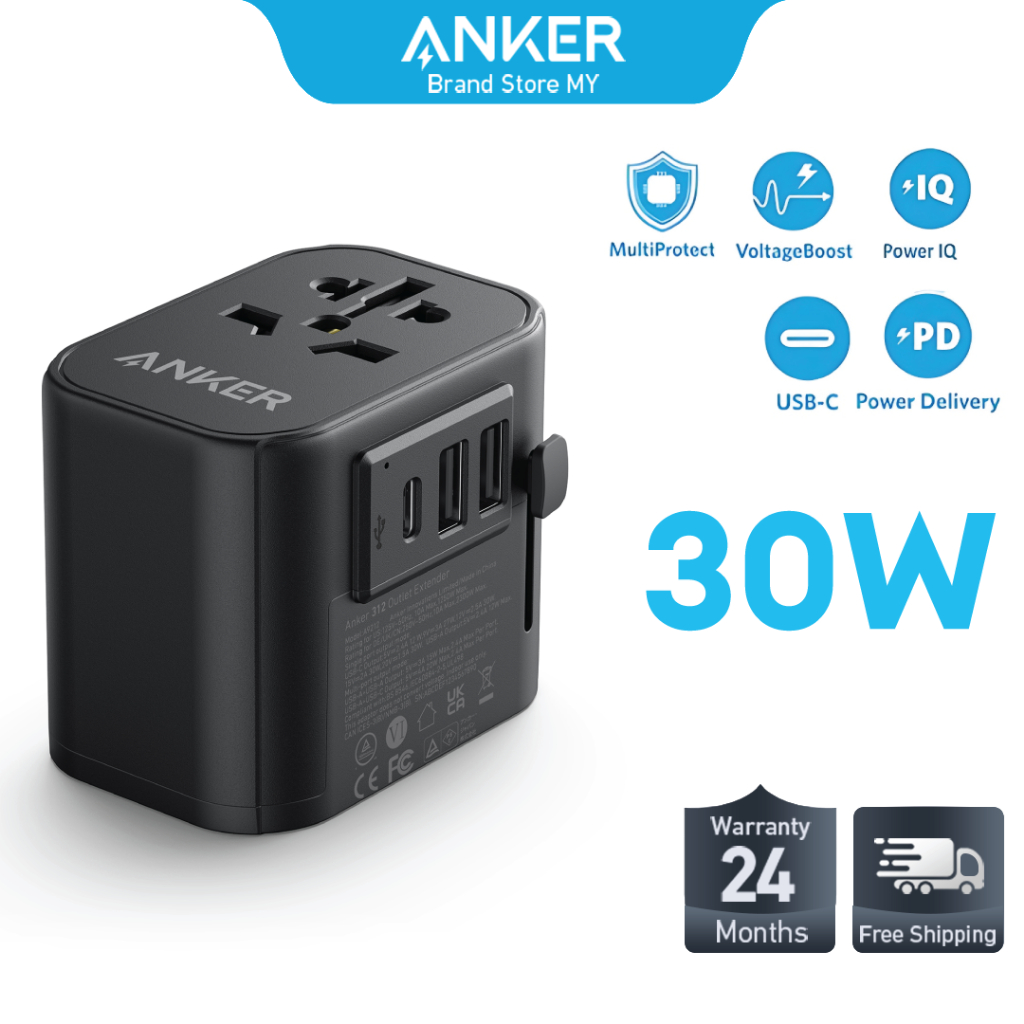 Anker PowerExtend USB-C Travel Adapter, Type C, 30W Fast Charger, Multi ...