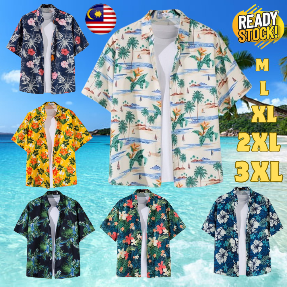 T-Shirt Men Women Beach T-shirt Hawaii lelaki Bunga Raya pantai retro ...