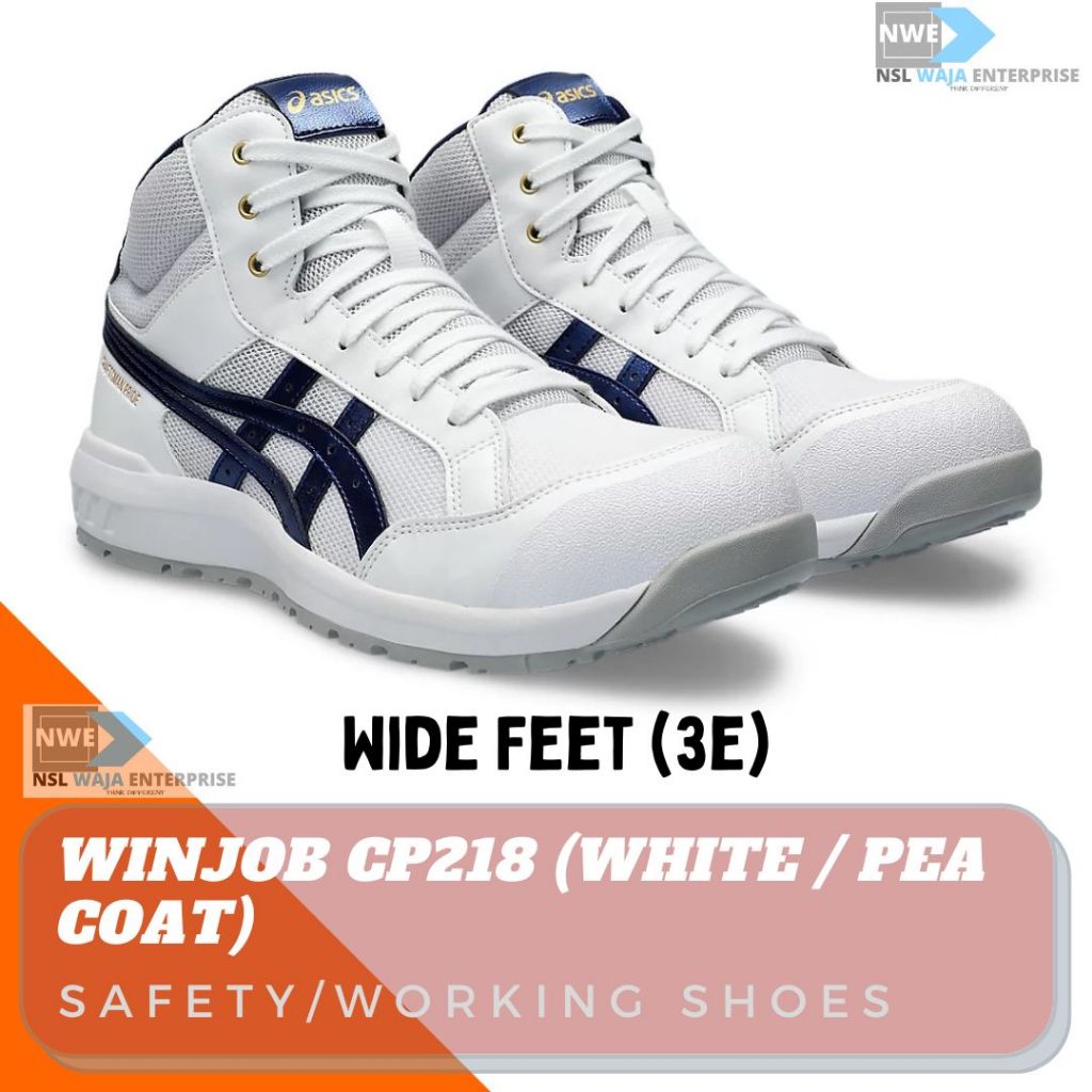 READY STOCK!! ASICS Winjob Working CP218 ( White / Pea Coat) Safety Shoes Kasut Keselamatan ...