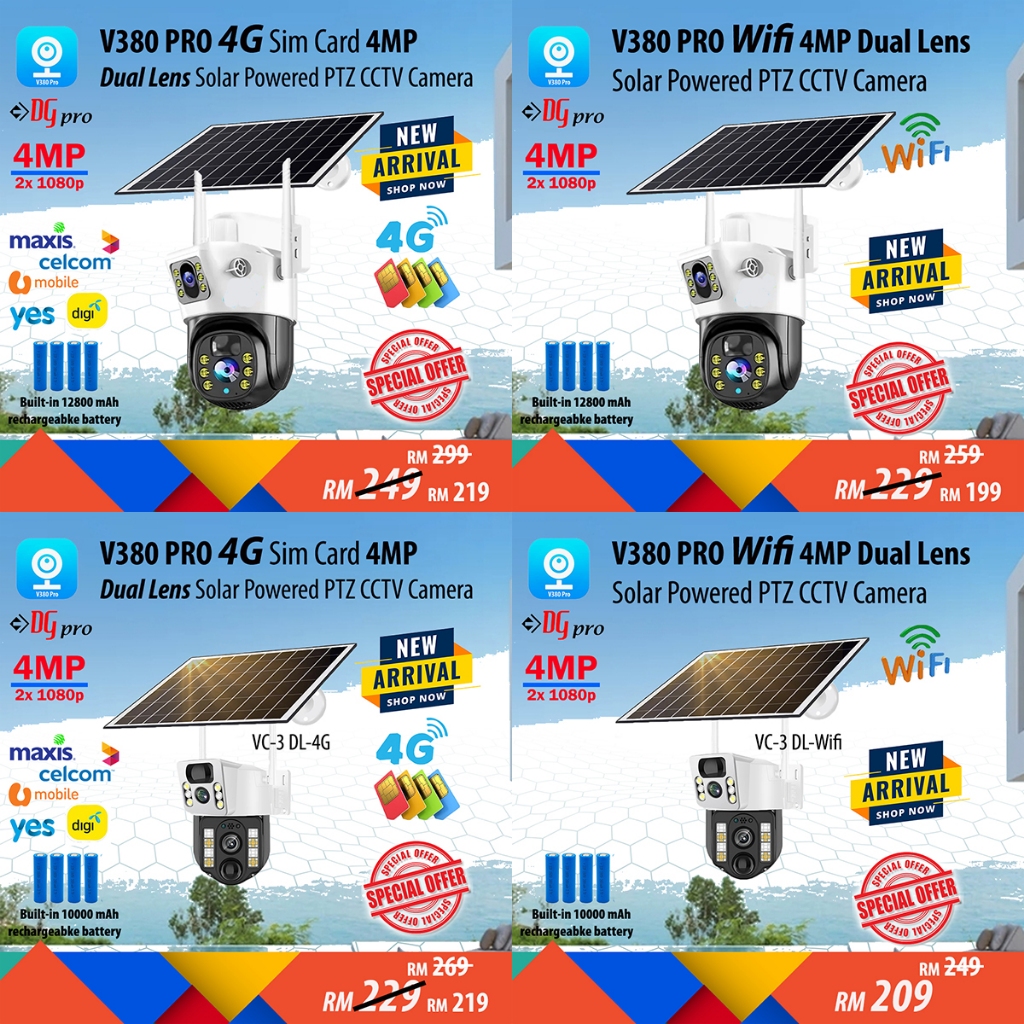 V380 PRO Dual Lens Dual Screen 4G Sim Card / Wifi Solar Powered 4MP PTZ Weatherproof Wireless ...