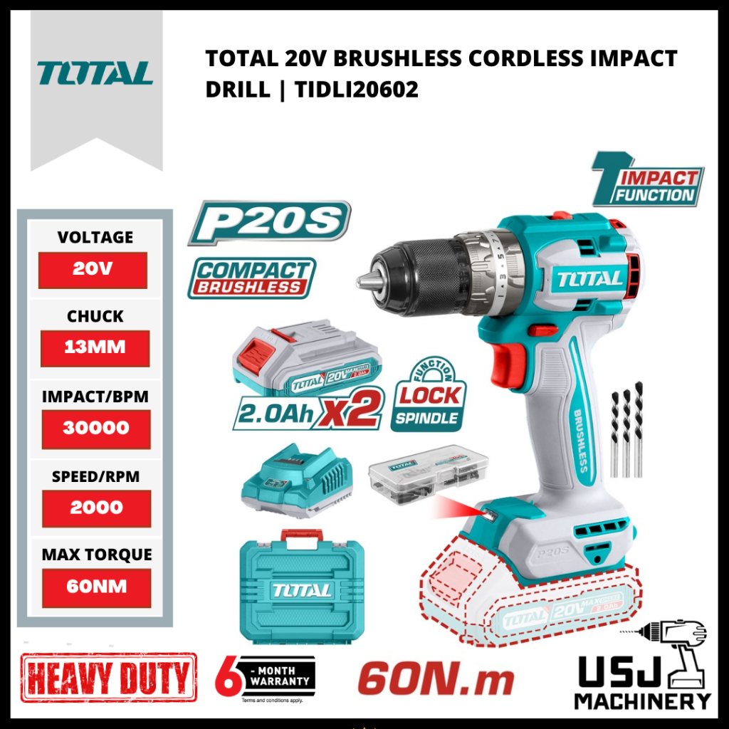 TOTAL (P20s / 20V 2.0AH) Li-Ion 60Nm Brushless Cordless Impact Drill ...