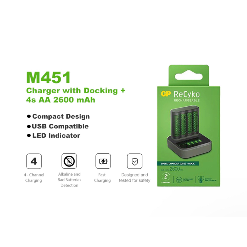 GP ReCyko Speed Charger Dock (USB) D451 and Speed Charger (USB) M451 with 4 x AA 2600mAh ...