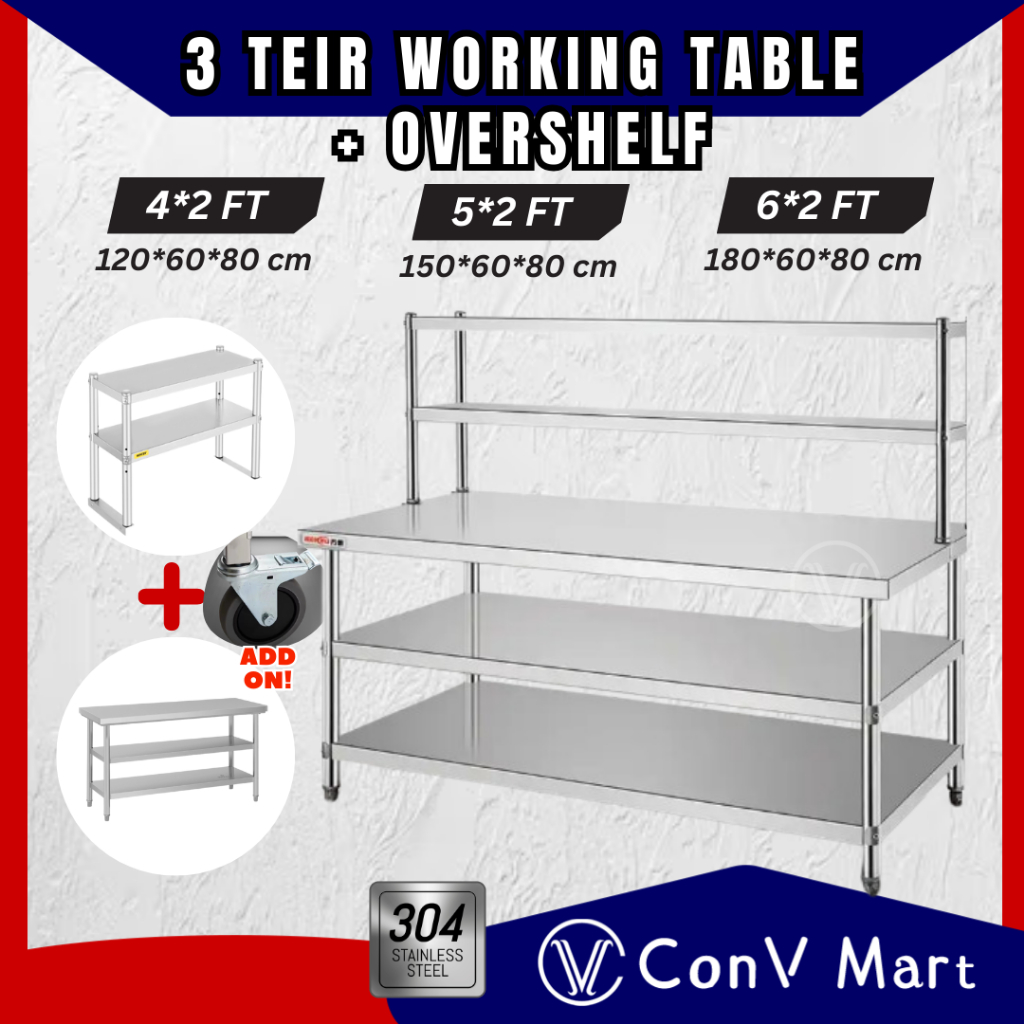 120/150/180*60cm (4/5/6*2FT) 3 Tier 304 Stainless Steel Working Table ...