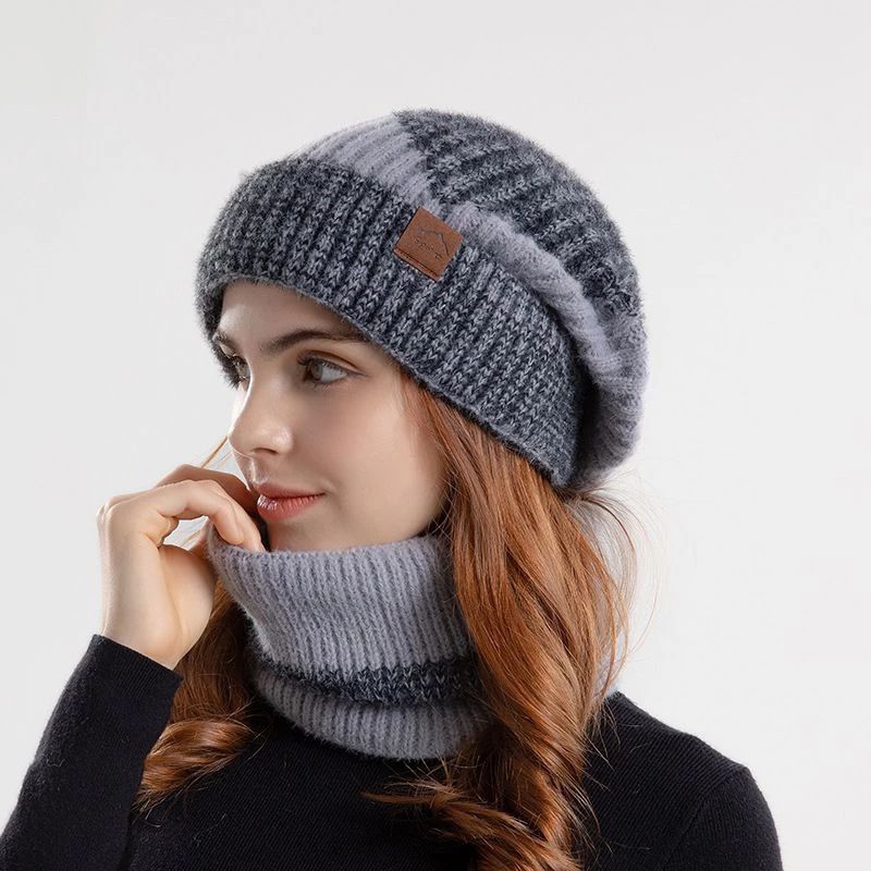 2pc (Beanie + Scarf) Woolen Knitted Hiking Warm Earmuff Mafla Winter ...