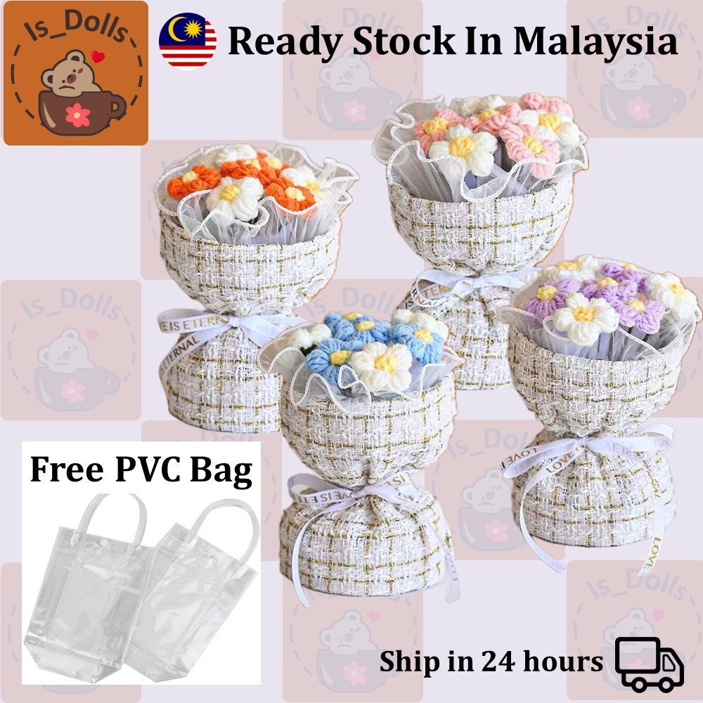 Crochet Flower Bouquet Set Puffs Flowers with PVC Bag Bunga Mengait ...