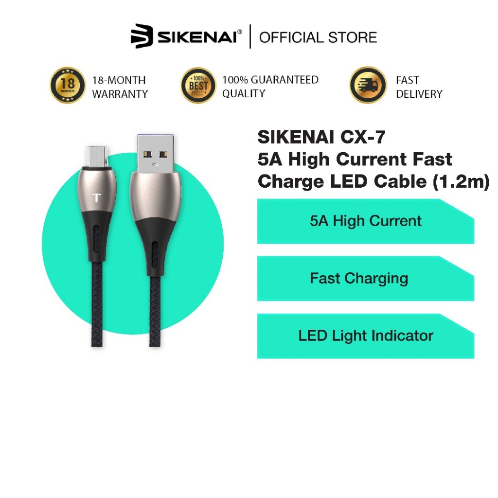 SIKENAI CX-7 Zinc Alloy 5A High Current Fast Charge LED Phone Cable Smart Chip Flash Charging ...