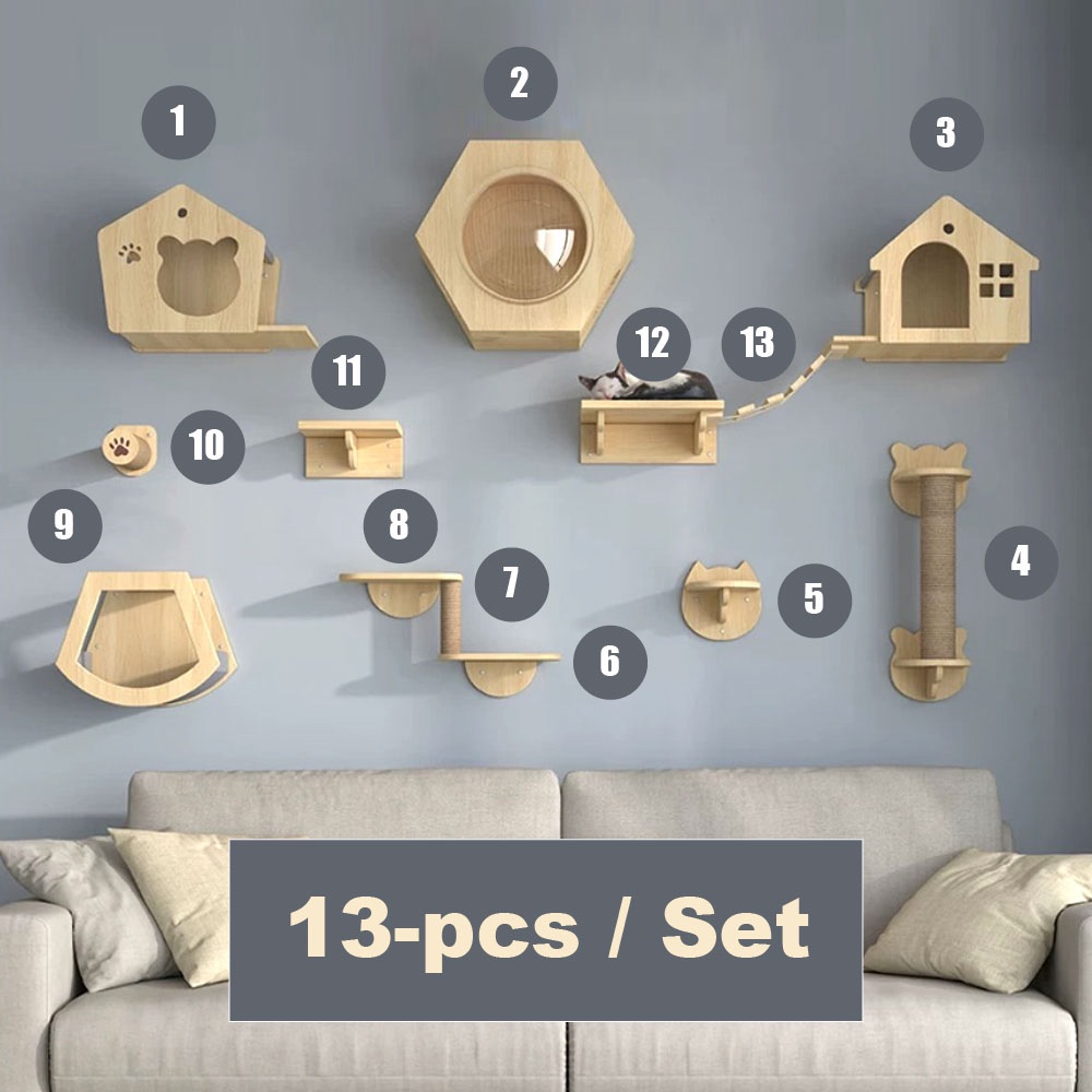 Wall Mounted Wooden Cat Furniture Cat Tree, Solid Large Tunnel Cat ...