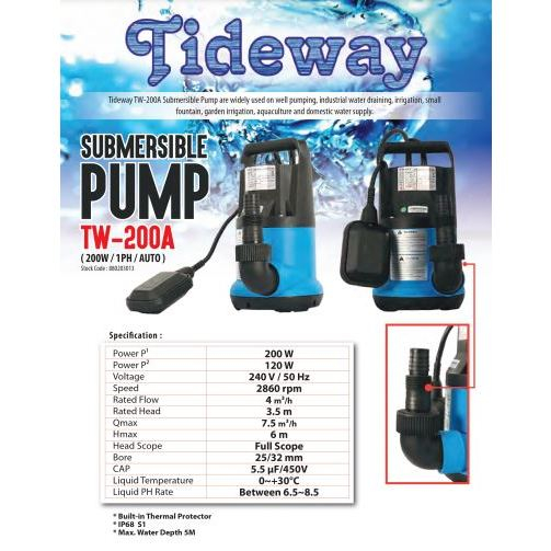 TIDEWAY SUBMERSIBLE PUMP TW-200A (200W/1PH/AUTO) | Shopee Malaysia