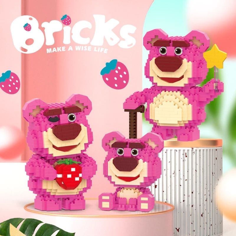 DIY Pink Strawberry Bear Building Block Micro Bricks Puzzle 草莓熊 情人节礼物 ...