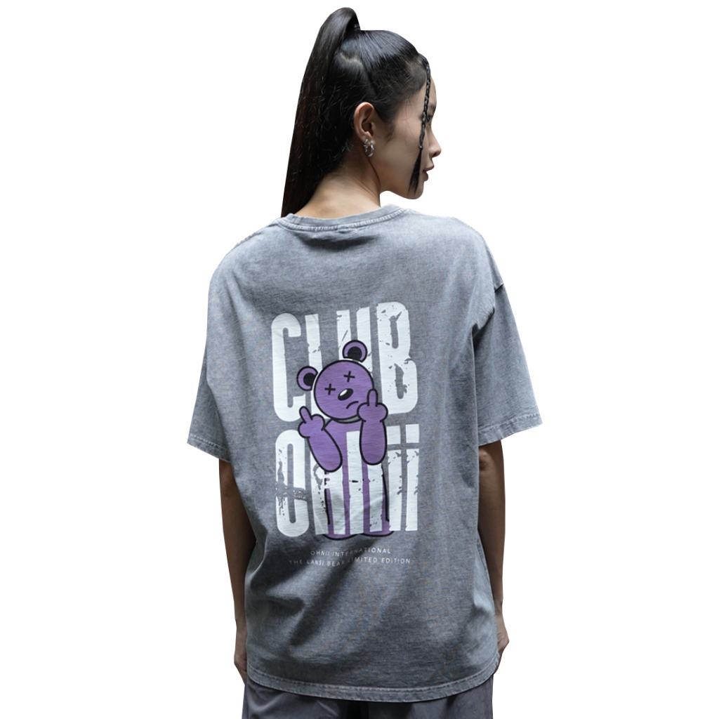 OVERSIZED MIDDLE FINGER PURPLE BEAR COTTON JERSEY TSHIRT (ACID GREY ...