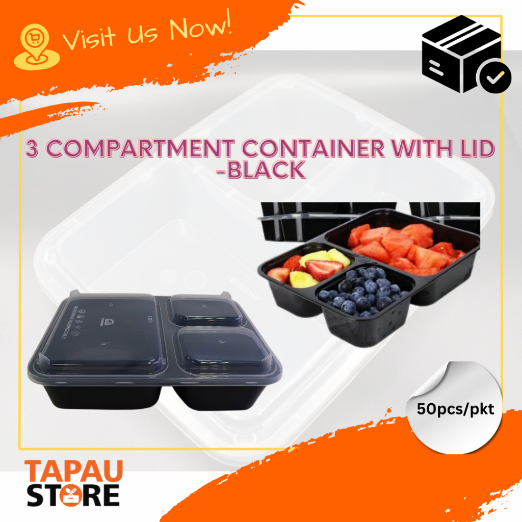 (50 PCS) 3 Compartments Container with Lid - Black | Shopee Malaysia