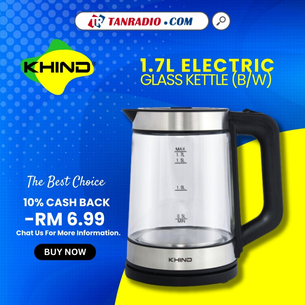 KHIND Cordless Electric Jug Kettle Glass 1.7L Black/White EK171G ...