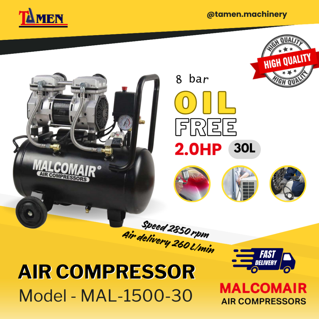 MALCOMAIR Compressor MAL-1500-30 30L 2HP Oil Free Air Compressor ...