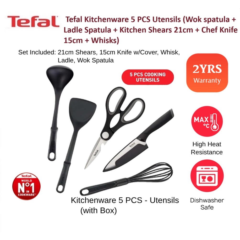 Tefal Kitchenware 5 PCS Utensils (Wok spatula + Ladle Spatula + Kitchen Shears 21cm + Chef Knife ...