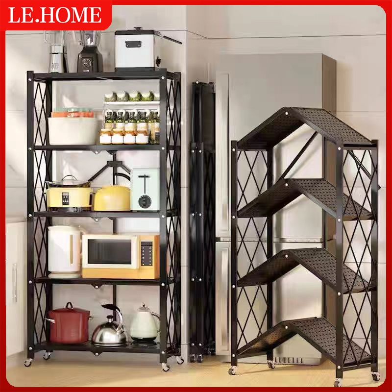3 / 4 / 5 Tier Foldable Kitchen Rack Shelves with Wheels Moveable Multipurpose Kitchen Metal ...