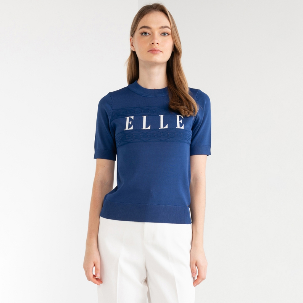 ELLE Apparel Crew Neck Geometric Logo Print Knit Top ES100750-A322403 ...