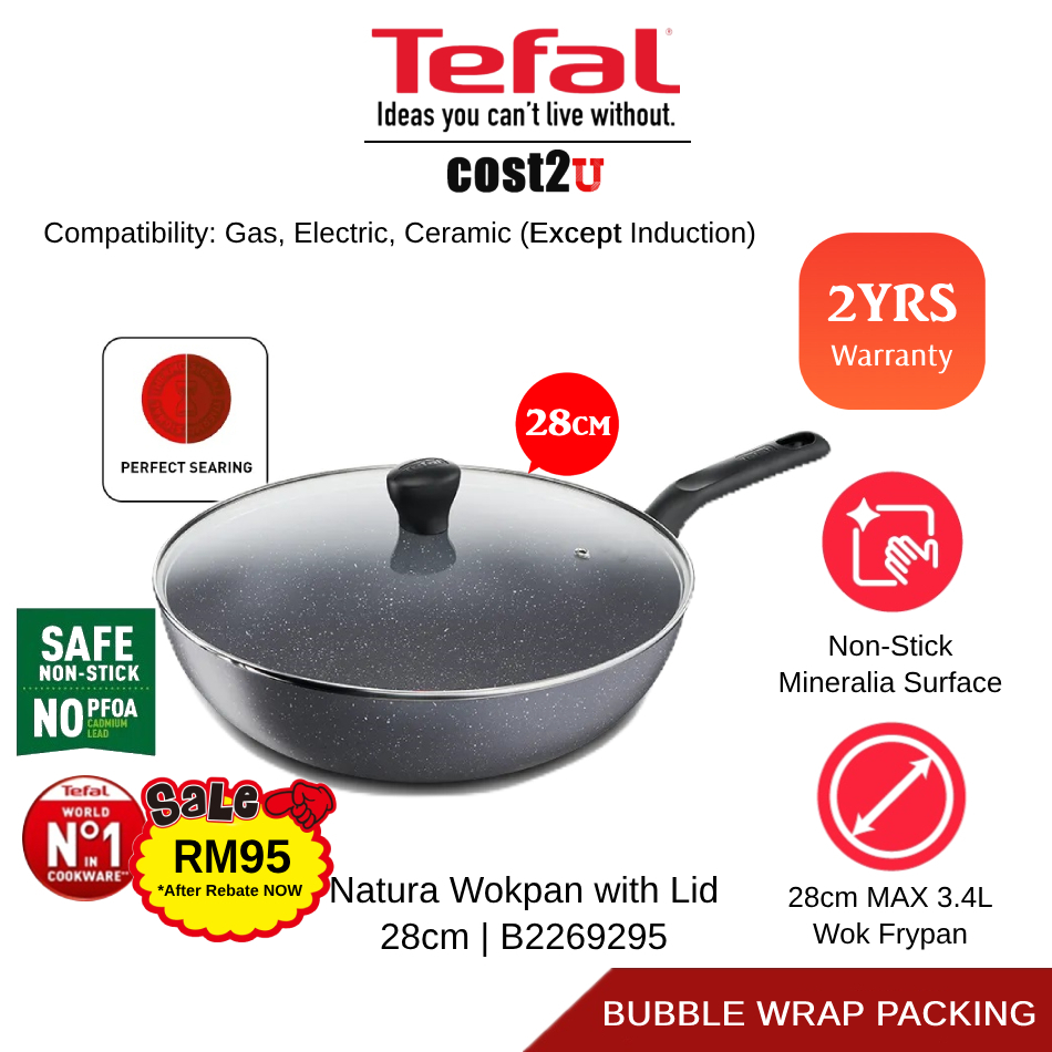 Tefal Non-Stick Natura Wokpan with Lid 28cm | B22692 B2269295 (Kuali Big Fry Pan Deep Cookware ...