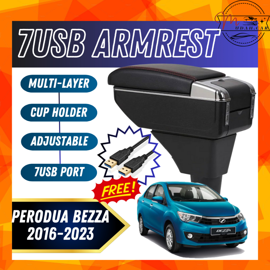 Perodua Bezza 2016-2023 Armrest 7usb Charging Port Leather Adjustable ...