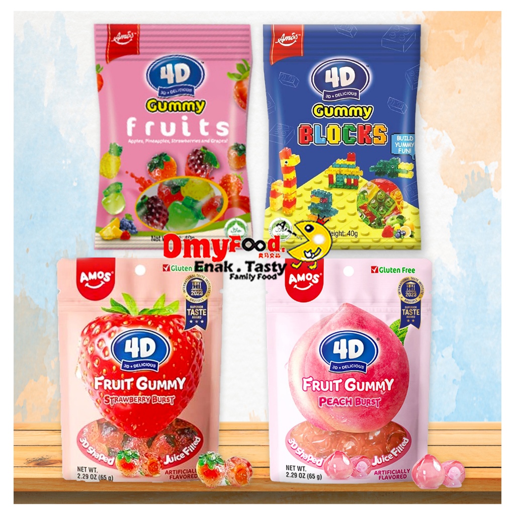 40g /60g Amos 4D Gummy [Blocks/Fruits] Fruit Gummy Juicy Burst [Peach / Strawberry][OmyFood ...