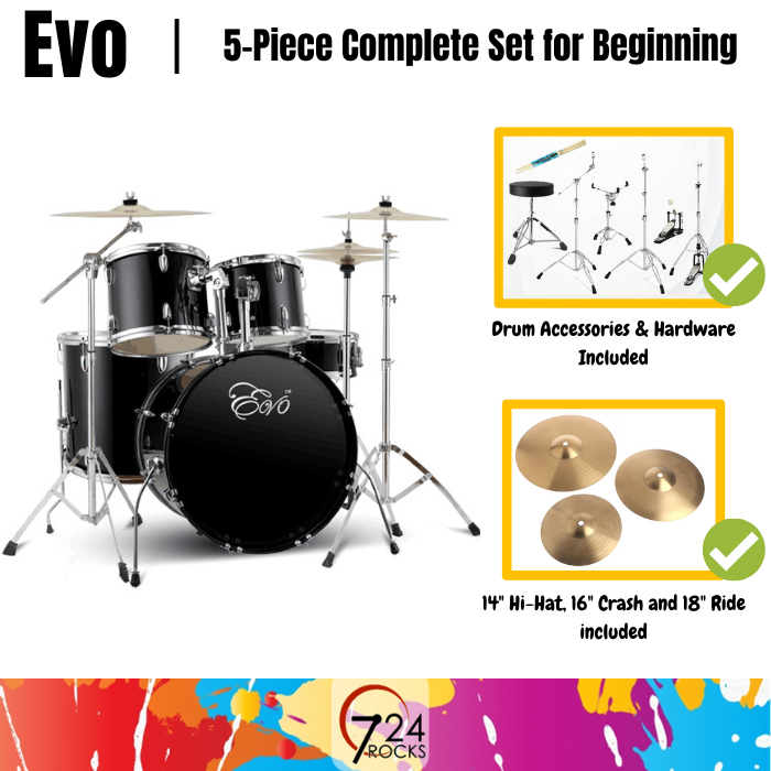 Evo 5-piece Complete Drum Set with Cymbals and Hardware Black | Shopee Malaysia