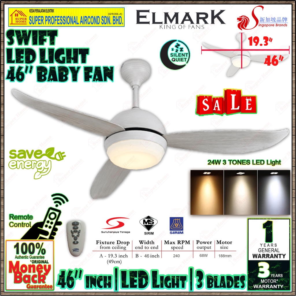 Elmark Ceiling Fan SWIFT 46 inch Baby Fan with LED Light (3 blades ...