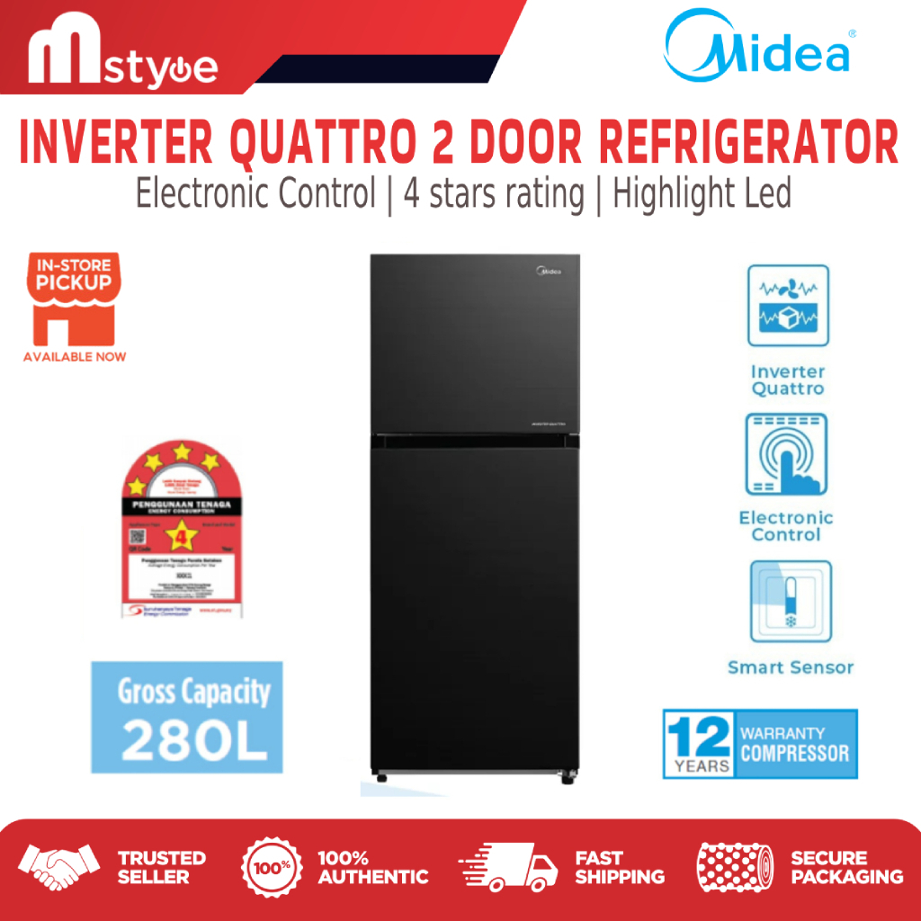 Midea Inverter Quattro 2 Door Refrigerator MDRT268MTB28( 200L ) /MDRT307MTB28( 240L ...