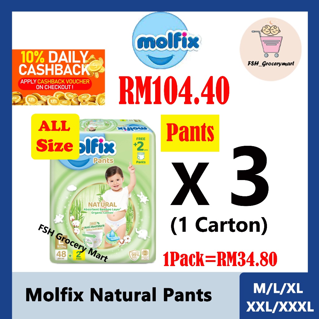 Molfix Natural Diapers Pants ( M58 / L48 / XL42 / XXL 36 / XXXL 20) X 3 ...