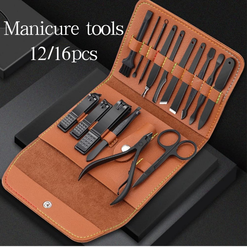 12/16 pcs Leather Manicure Pedicure Nail Care Set Cutter Cuticle ...