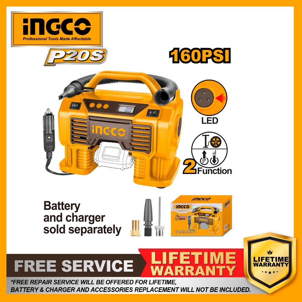 INGCO 20V Cordless Lithium-ion Auto Air Compressor CACLI2002 ( Bare ...