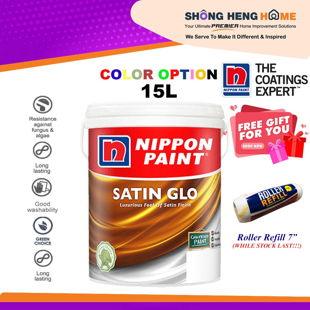 15L - Nippon Paint Satin Glo Interior Wall - COLOR OPTION - P Base ONLY ...