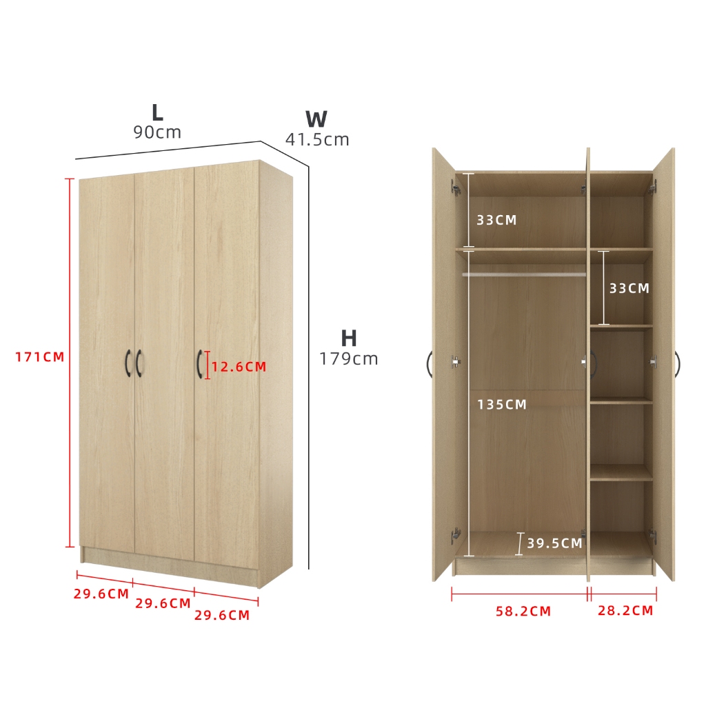 KitchenZ Sabah 3 Door Wardrobe (180cm Height) Almari Baju Almari ...