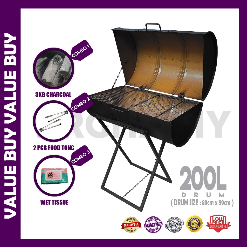 BBQ Grill Outdoor Drum Set Tong Drum 200L BBQ Set Complete With Grill Net Big Size (Full Set ...